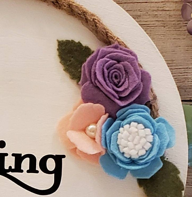 Hello Spring Round Sign Pastel Felt Flowers in Pink Lavender and Blue ...