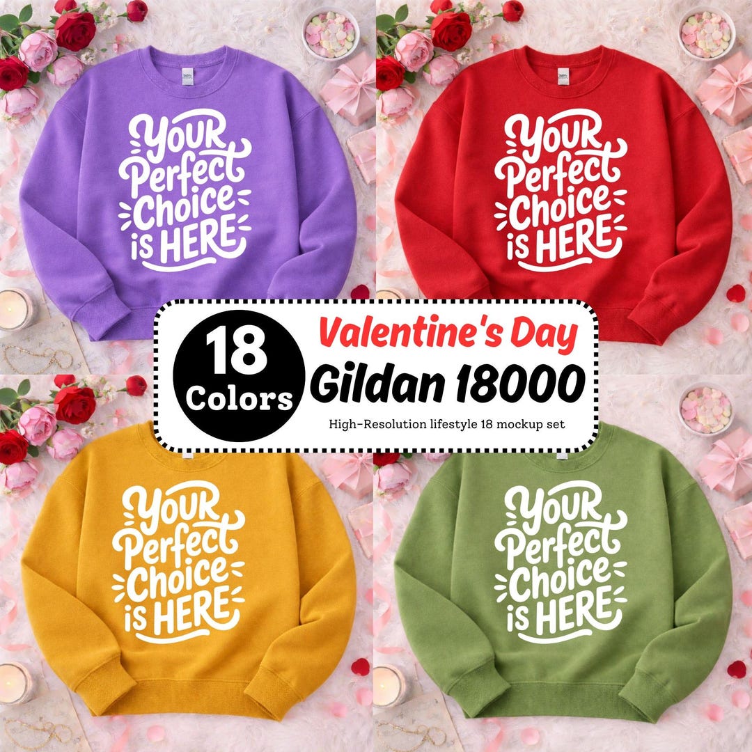 Gildan 18000 Valentine’s Day Mockup Bundle, 18 Crewneck Sweatshirt Flat ...