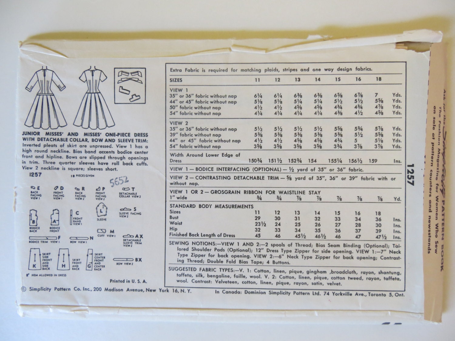 1955 Simplicity Uncut Printed Sewing Pattern Dress Size 14 No. 1257 - Etsy