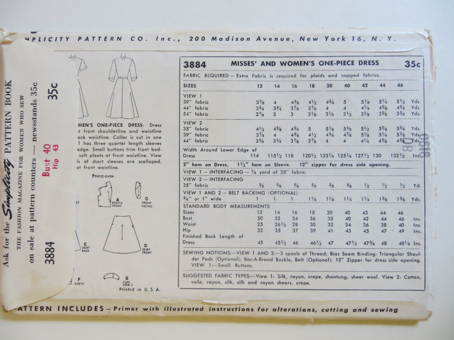 1952 Simplicity Uncut Printed Sewing Pattern Dress Size 40 No. - Etsy