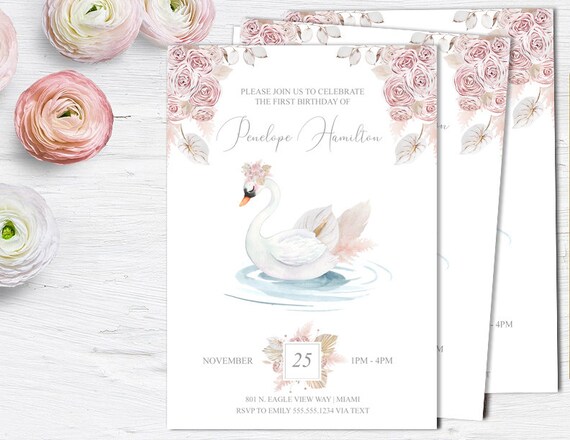 Swan Invite Birthday Invitation Baby Shower with Flowers | Etsy