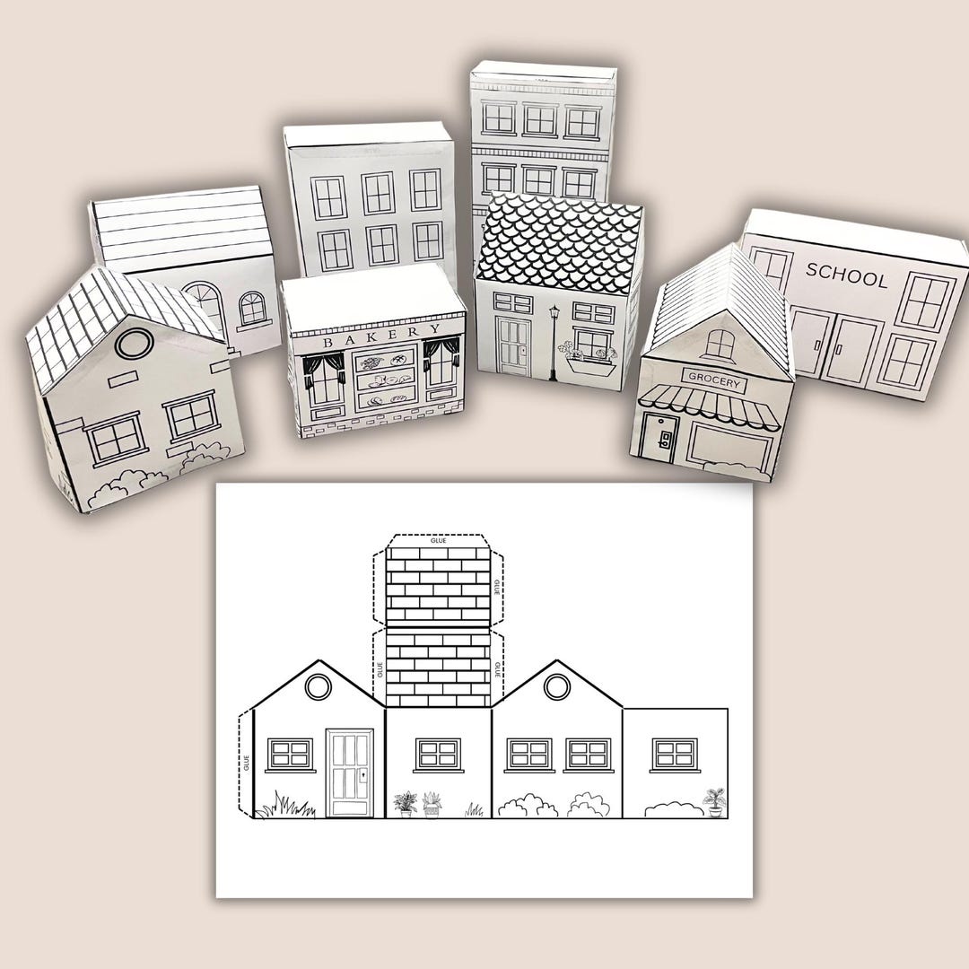 Colorable 3D Paper City Craft for Kids, Printable Foldable Buildings ...