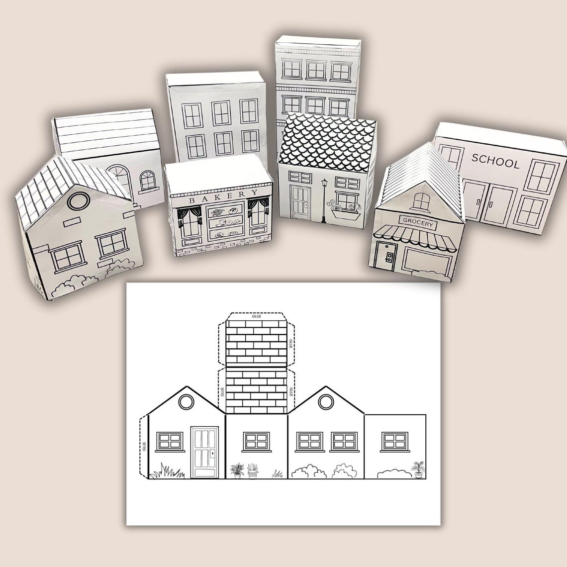 Colorable 3D Paper City Craft for Kids, Printable Foldable Buildings ...