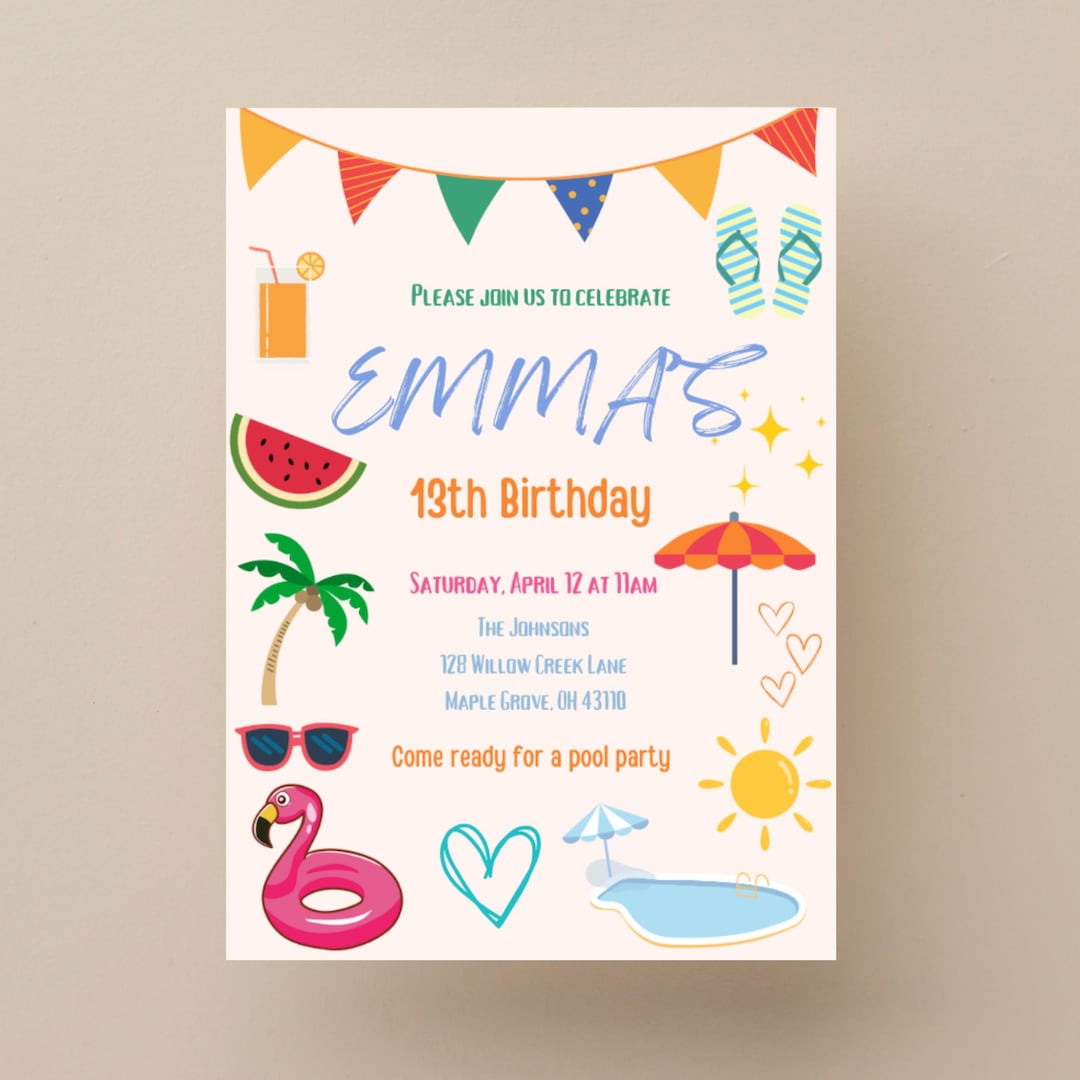 13th Birthday Pool Party Invitation, Playful Pink Digital Birthday Card ...