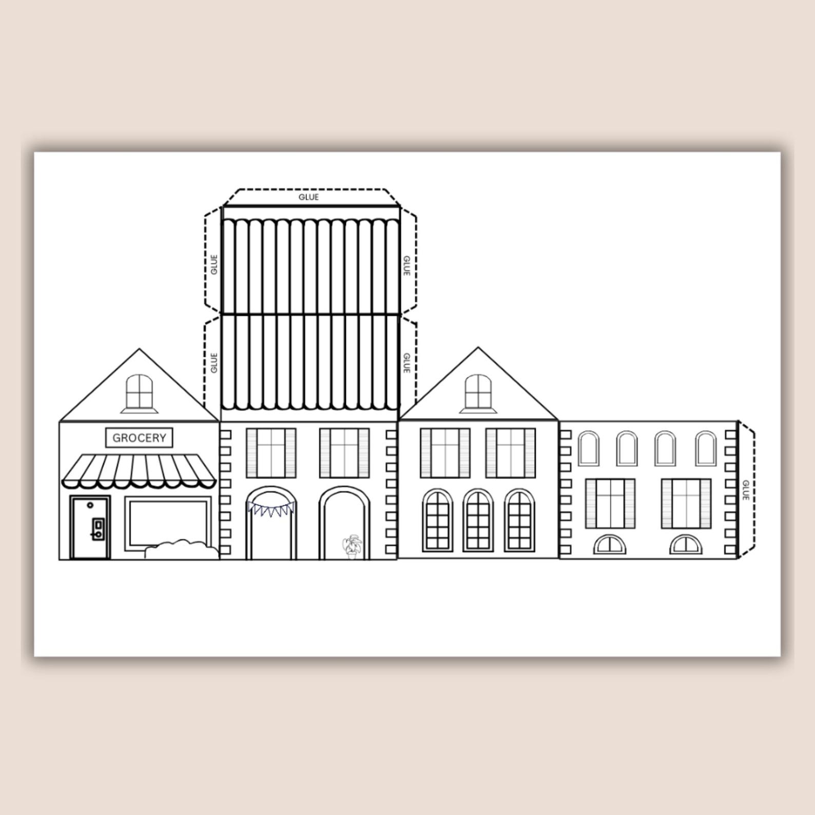 Colorable 3D Paper City Craft for Kids, Printable Foldable Buildings ...