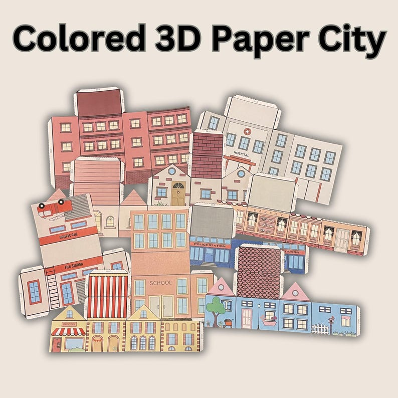 Colored 3D Paper City, Printable 3D Buildings for Paper Kids Craft ...