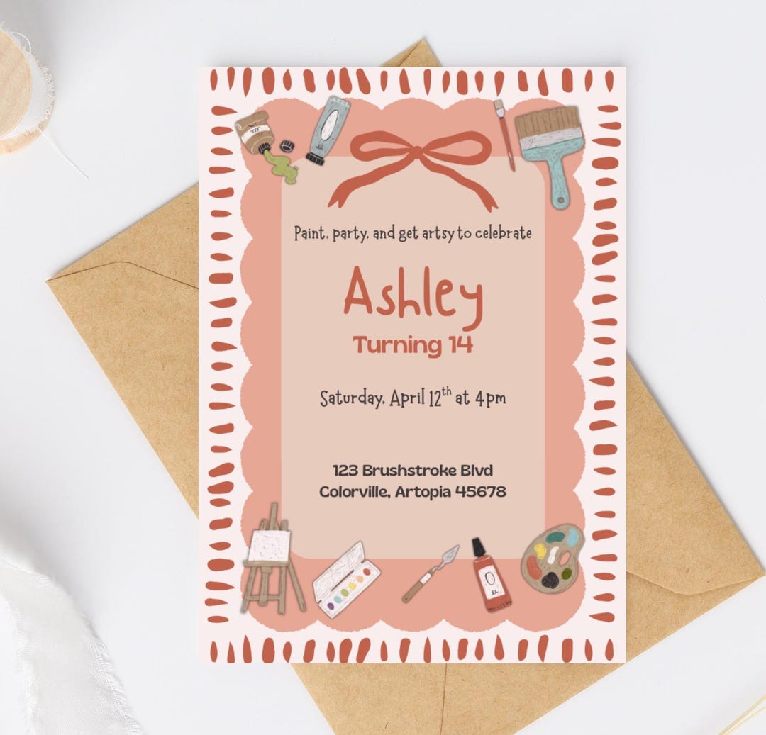 Pink Paint, Party, and Get Artsy Birthday Party Invitation, Bow ...