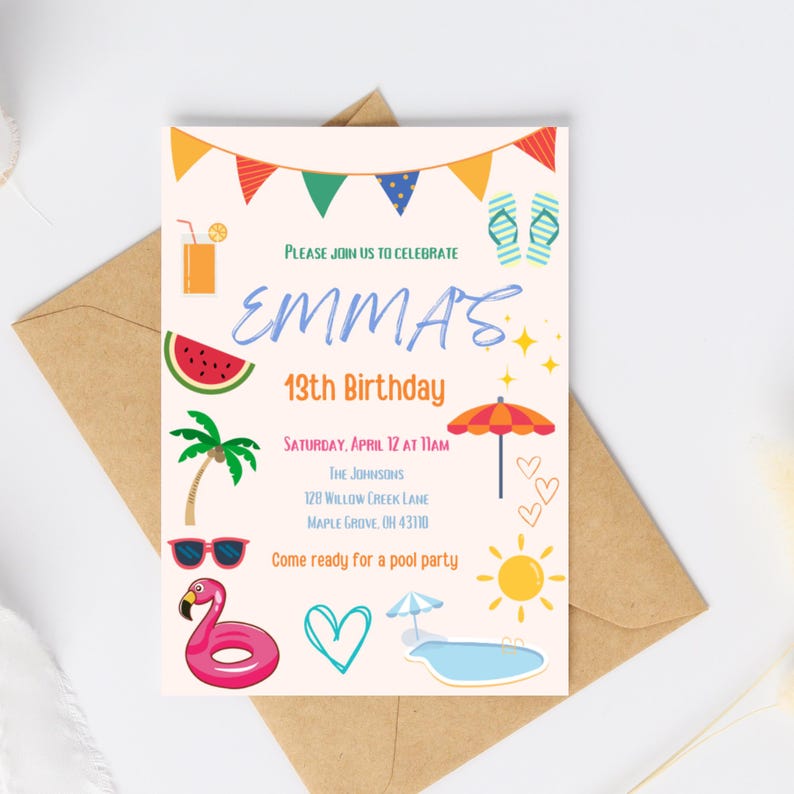 13th Birthday Pool Party Invitation, Playful Pink Digital Birthday Card ...