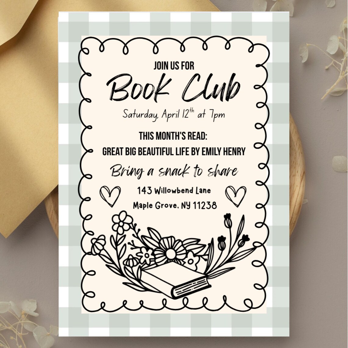 Book Club Invitation, Gingham Green and Pink Invite, Reading Club ...