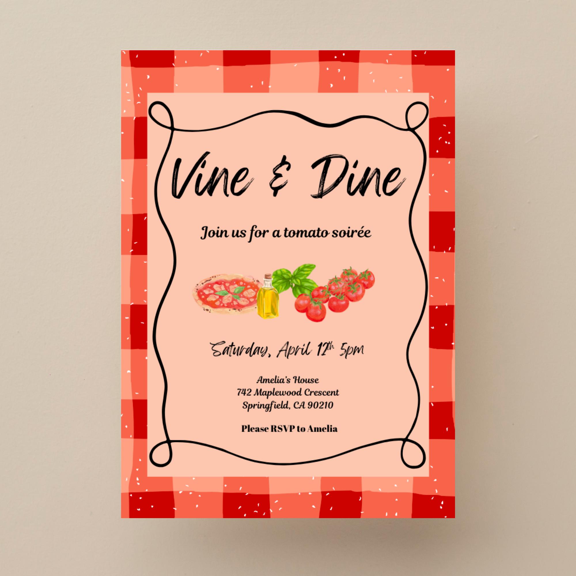 Vine & Dine Digital Party Invitation, Red Tomato Soiree Italian Food ...
