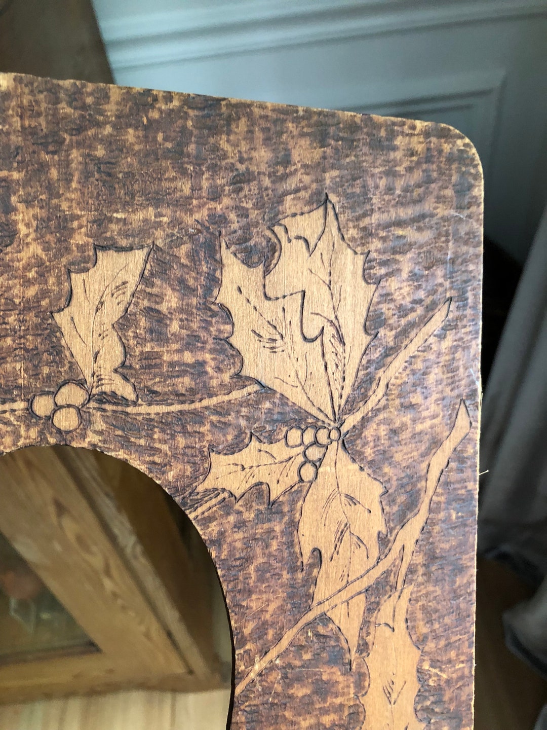 Antique Picture Frame Pyrography Frame Flemish Art Holly Sprigs ...