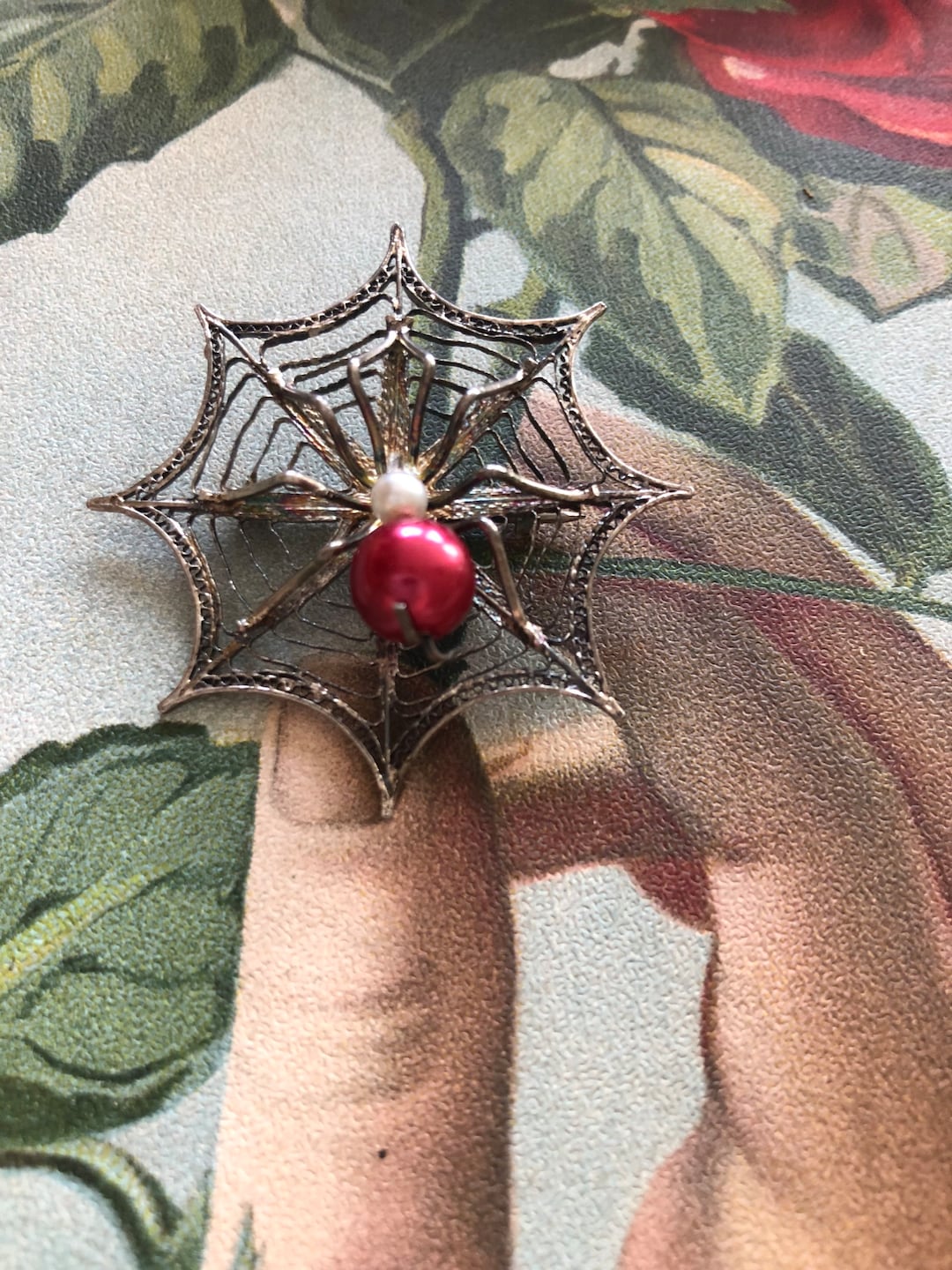 Antique Victorian Sterling Silver Brooch Filigree Spiderweb Faux Pearls ...
