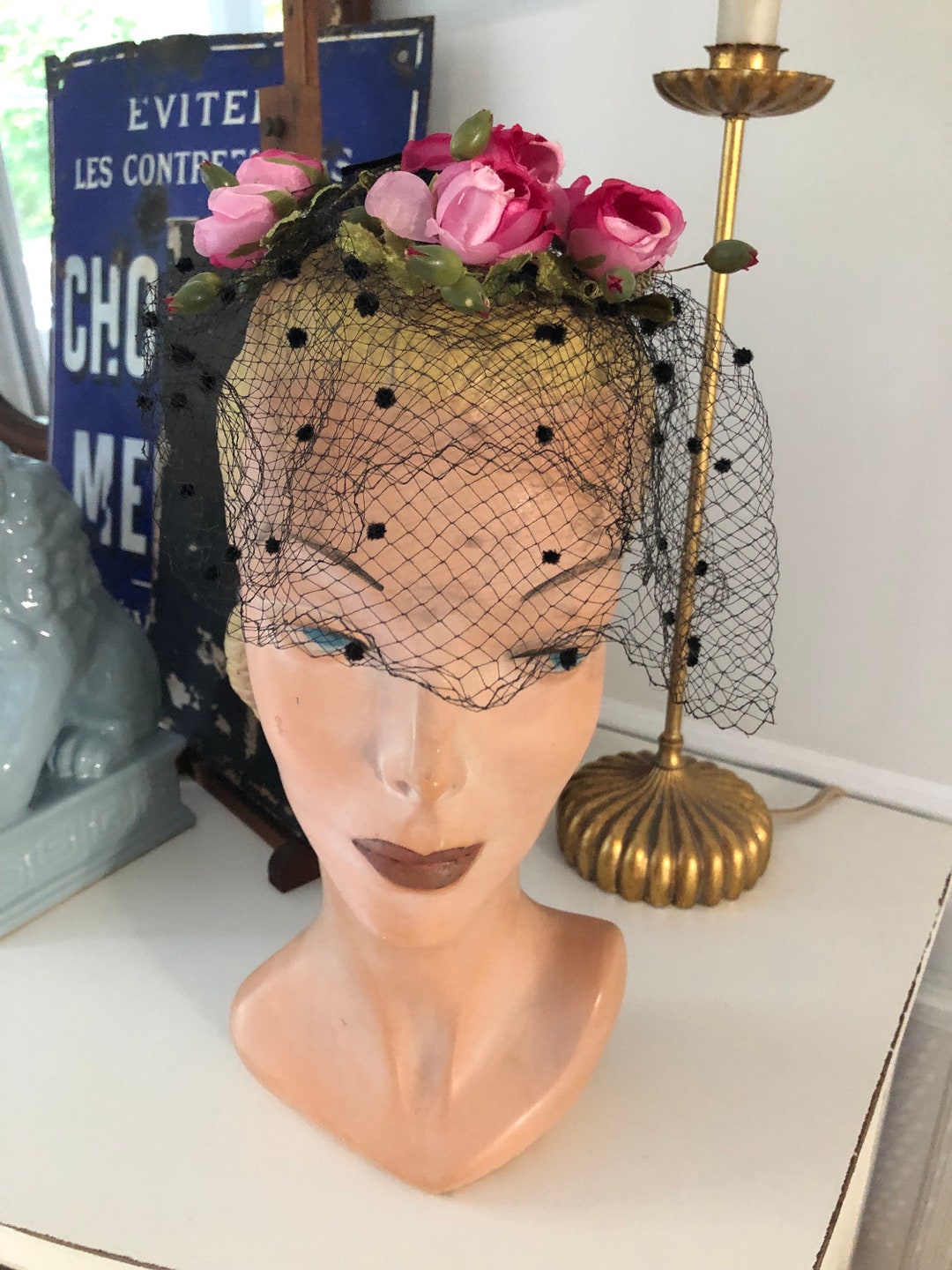 Stunning Vintage 50’s Fascinator Hat Black Fancy Netting Pink Roses ...
