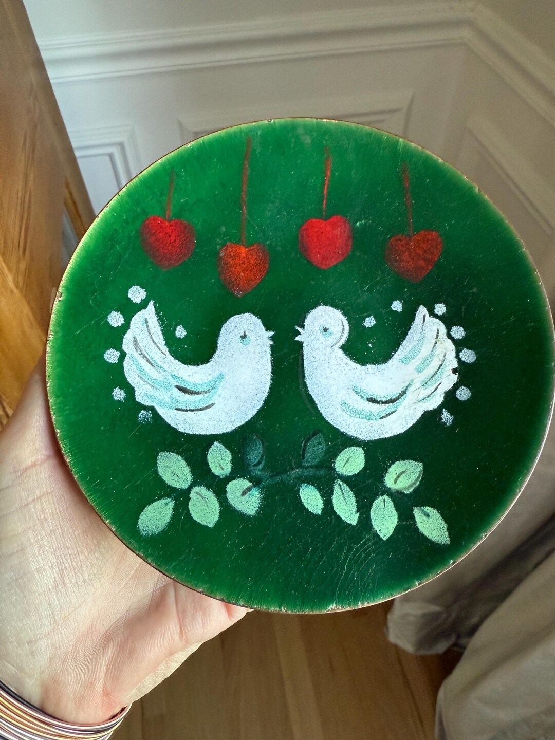 Vintage MCM Copper Plate Enamel Artist Signed Love Birds With Hearts AS ...
