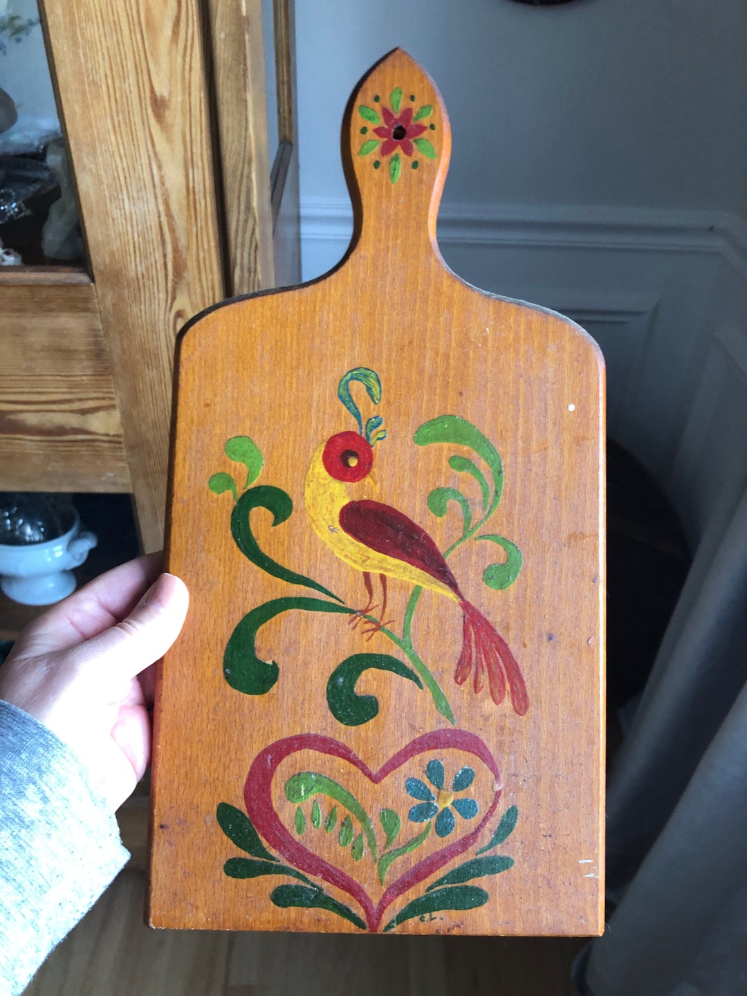 Vintage Pennsylvania Dutch Bread Board Hand Painted Bird Cutting Wooden ...
