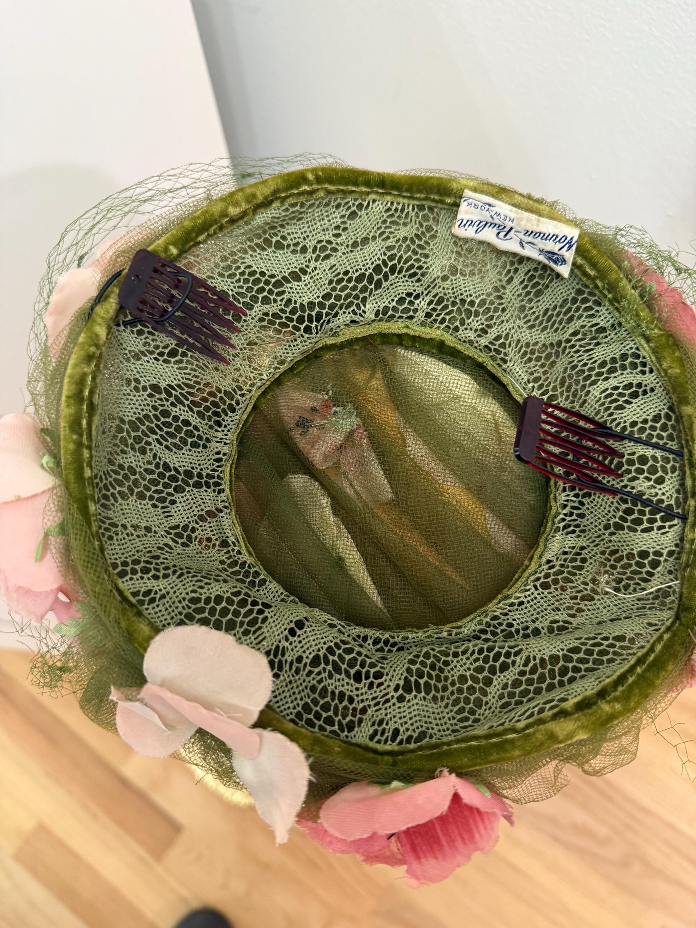 Vintage MCM Norman Palvin Hat Spring Hat Green With Ponk Flowers Sweet ...