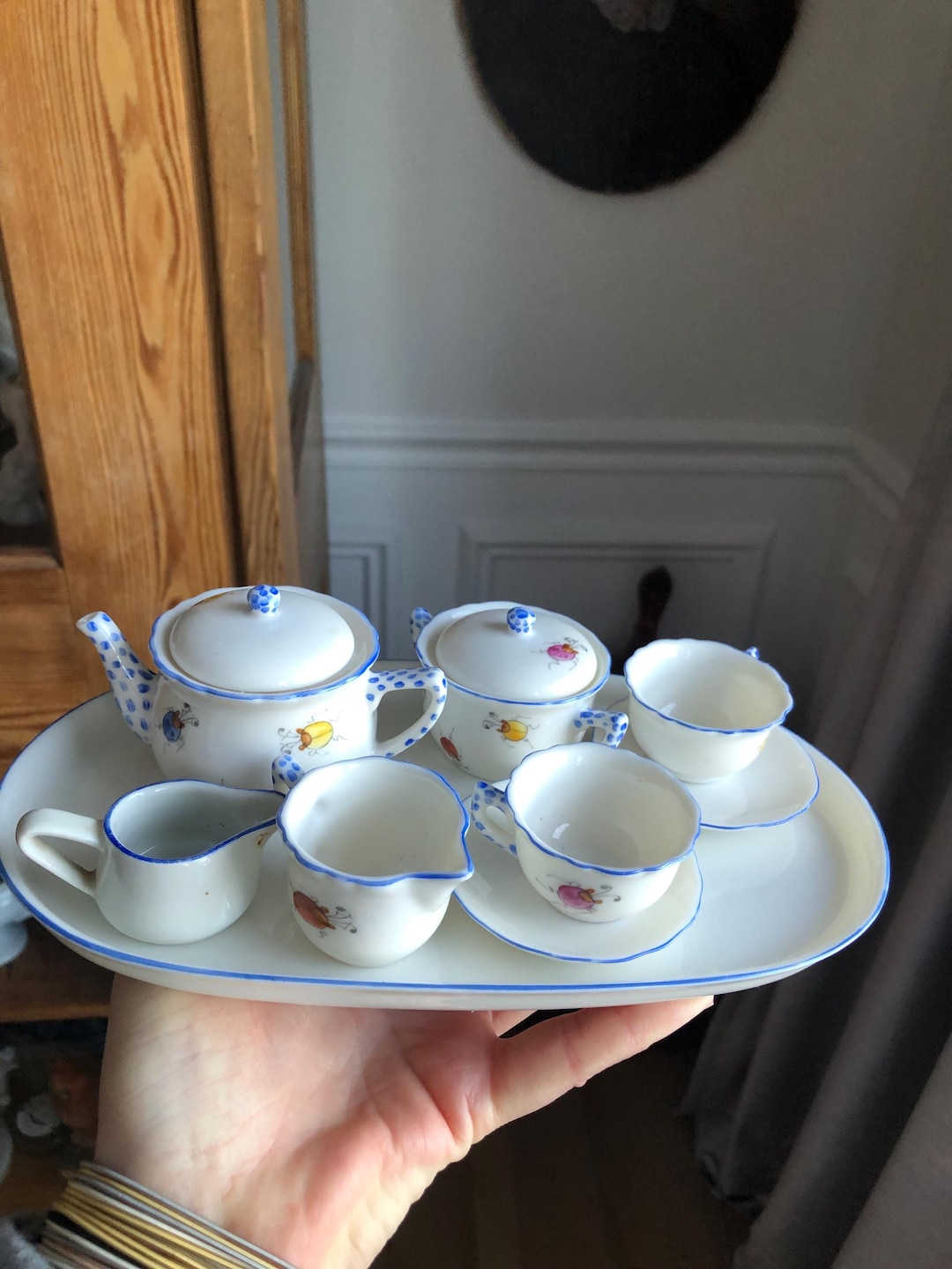 SUMMER SALE Vintage Tea Set Childs Mini Porcelain Tea Pot Cups on Tray ...