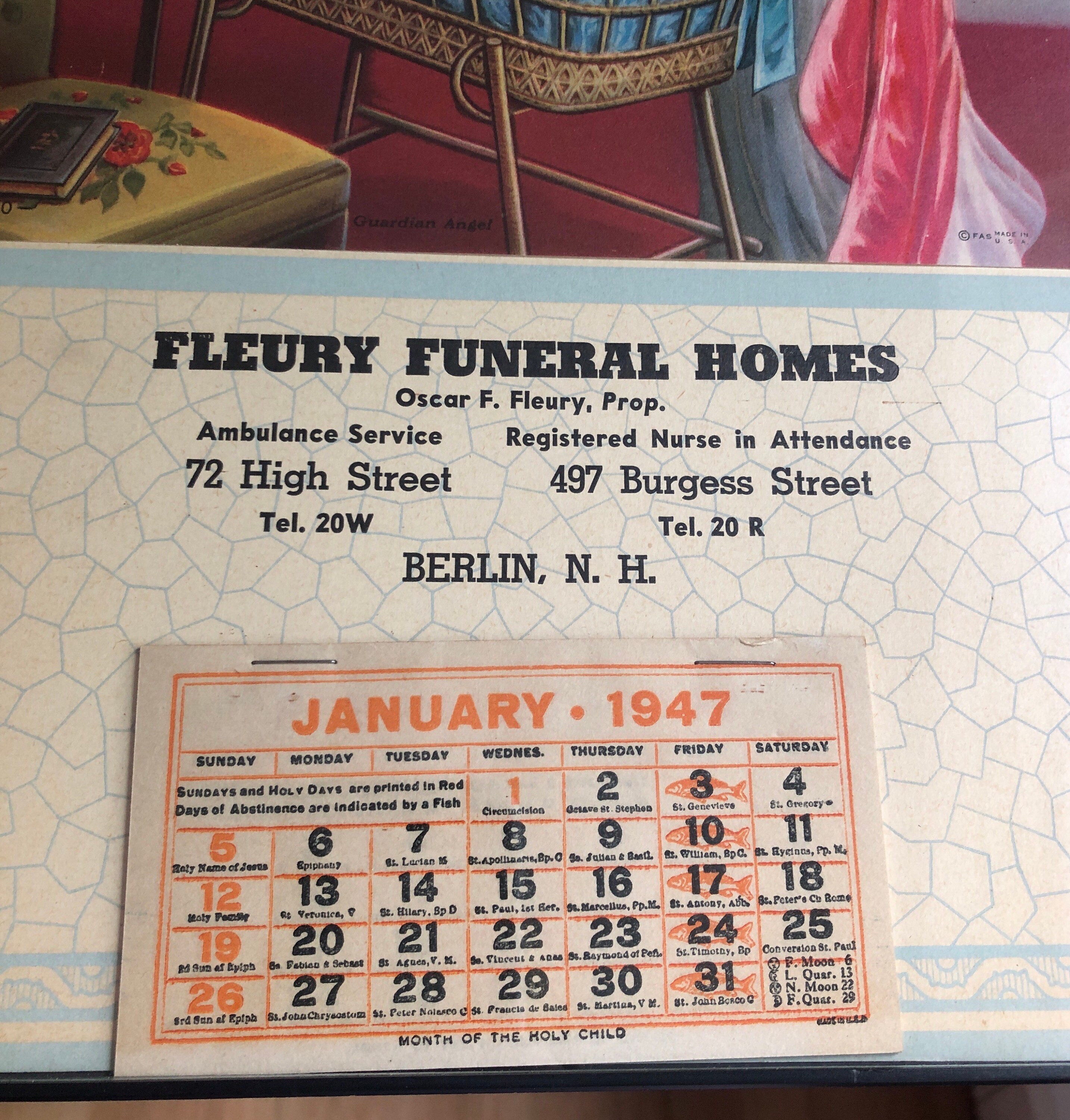 Vintage Circa 1942 Antique Funeral Home Calendar Beautiful Guardian ...