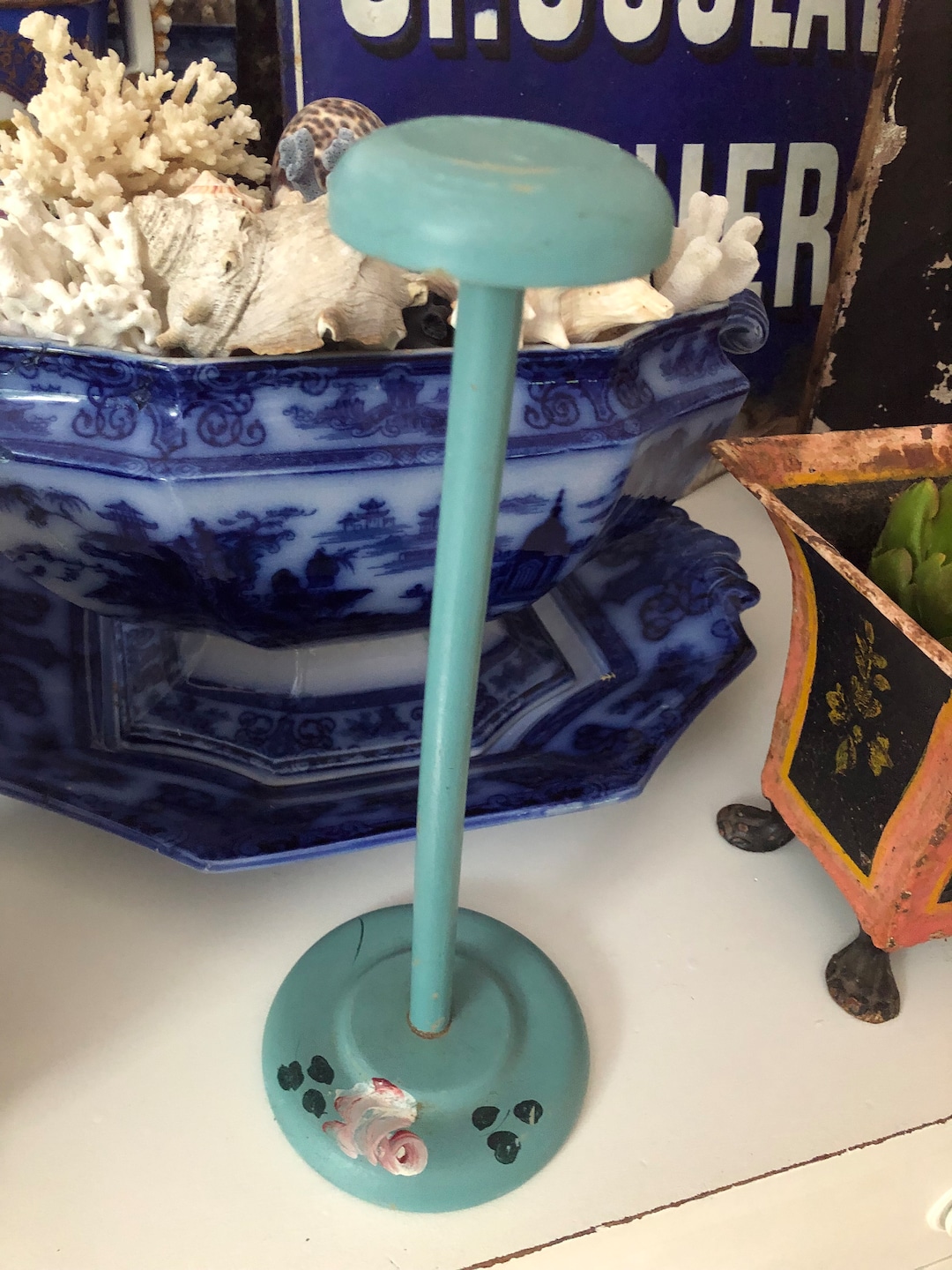 Super Cute Vintage Hat Stand Wooden Robins Egg Blue Rose - Etsy