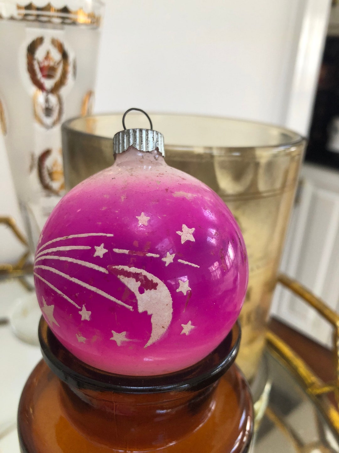 Two Mid Century Modern MCM Vintage Christmas Balls Ornaments Hot Pink ...