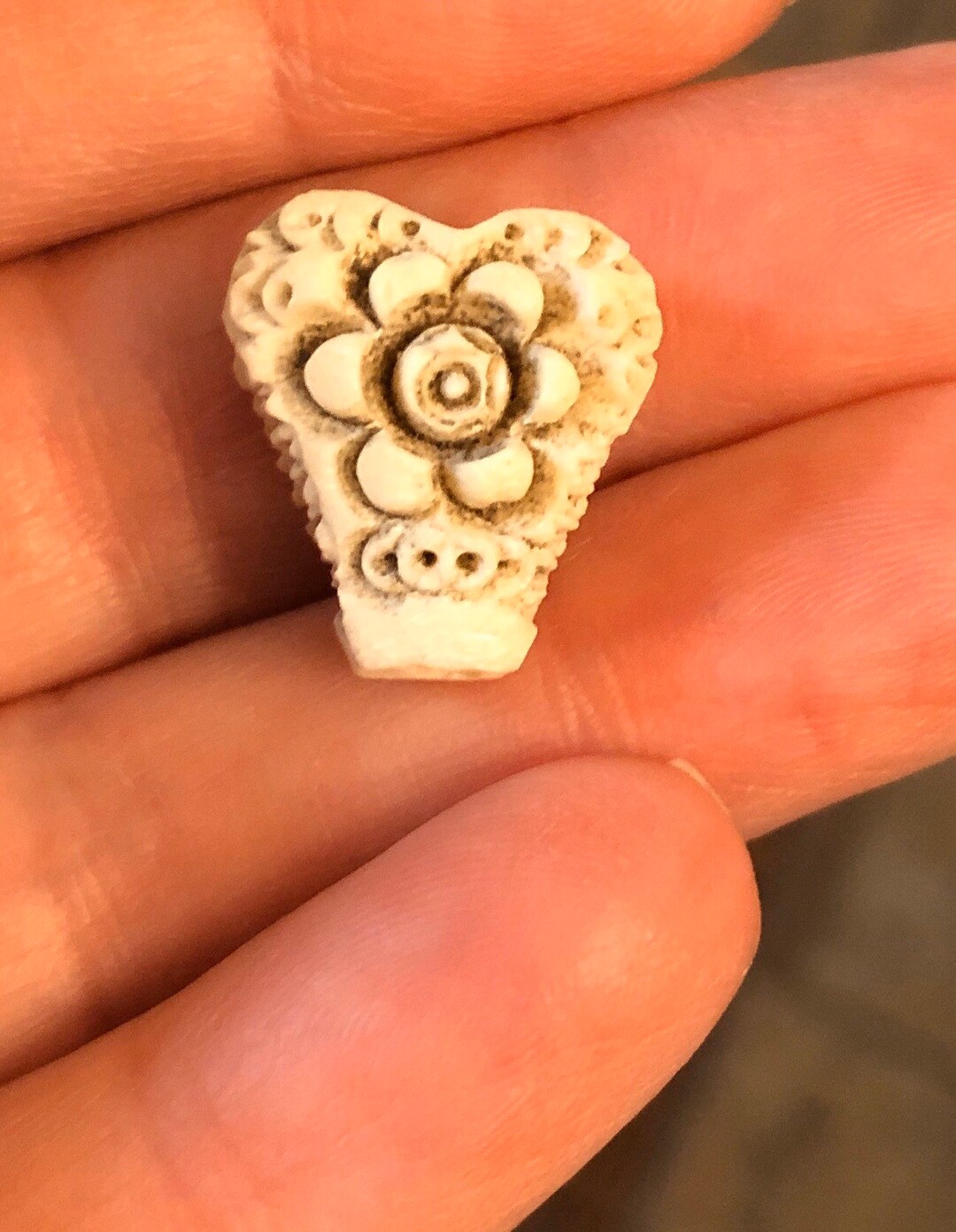 French Antique Rosary Bone Connector Hand Carved Heart Floral ...