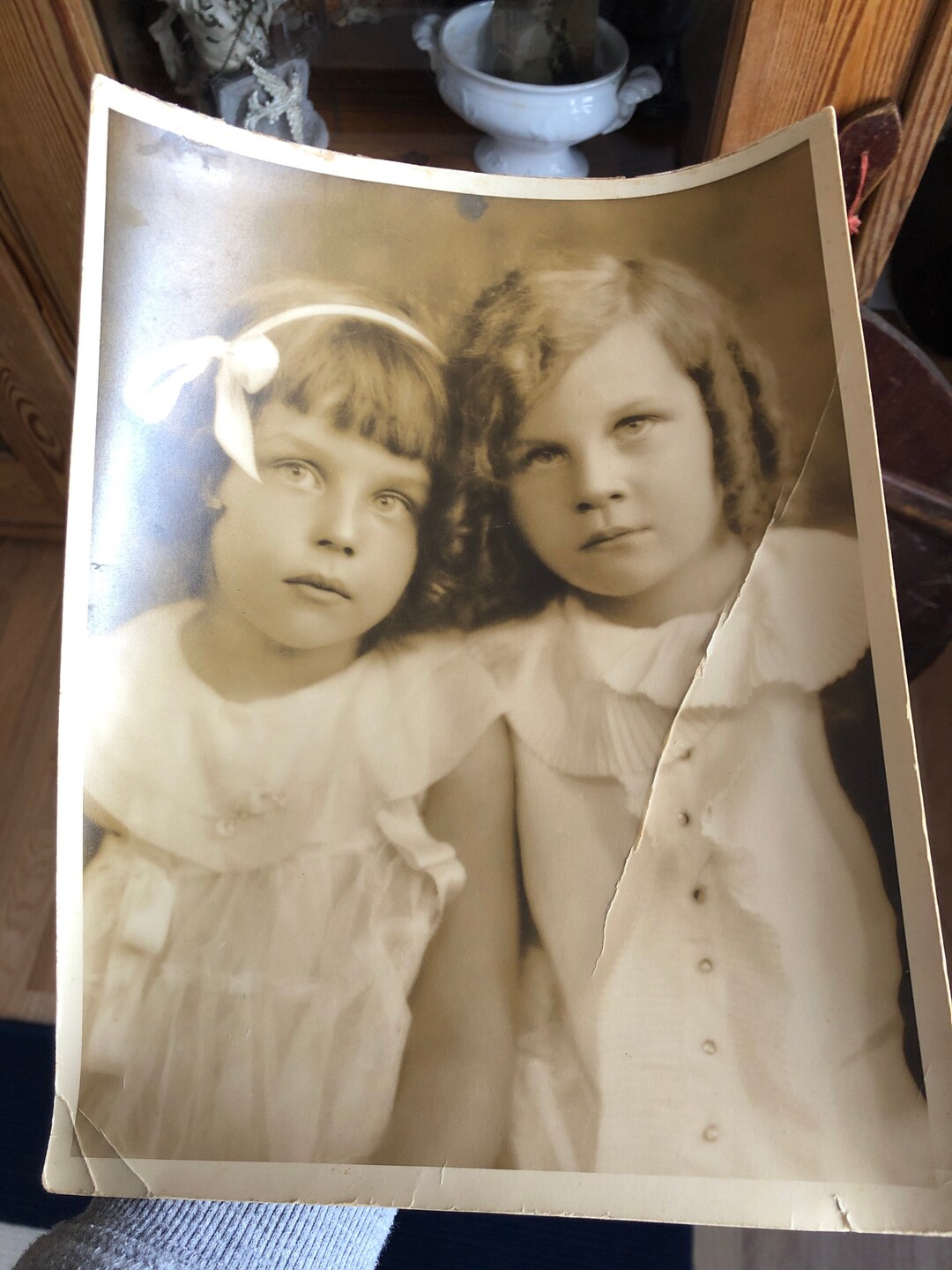 Beautiful Antique Sepia Large Photo Adorable Girls Bottle Curls Ribbons ...