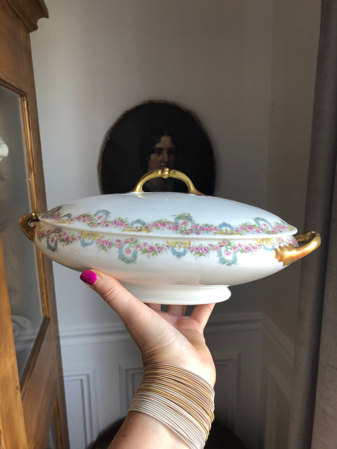 Antique Limoges Oval Covered Casserole Lid Lux Gilt Handles Tiny Rose ...