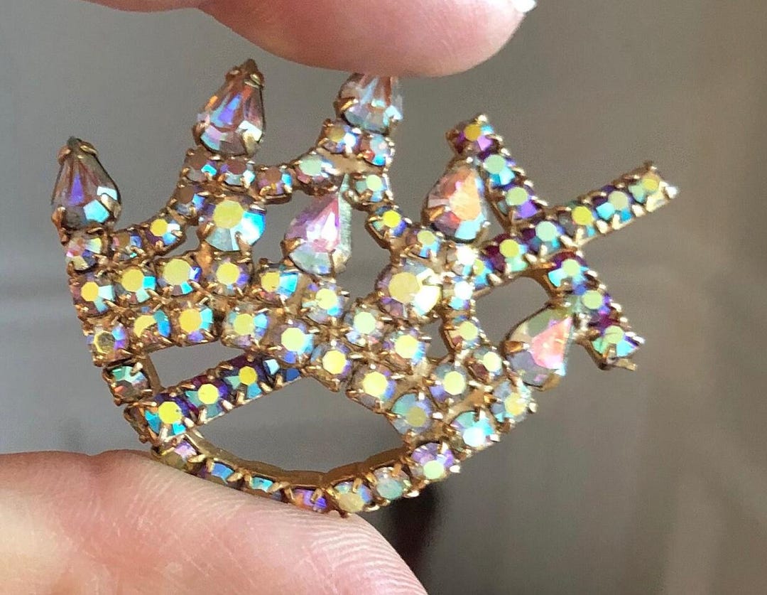 SALE Vintage Mid Century Sparkling Figural Crown Brooch With Cross ...