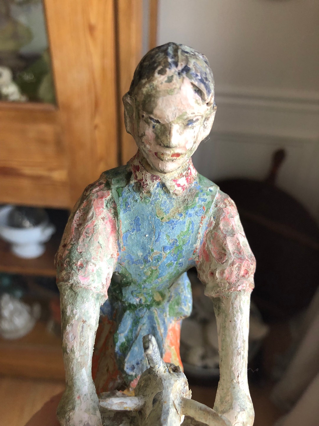 Antique Hand Carved Wooden Figure Very Old Hand Painted Lady Feeding ...