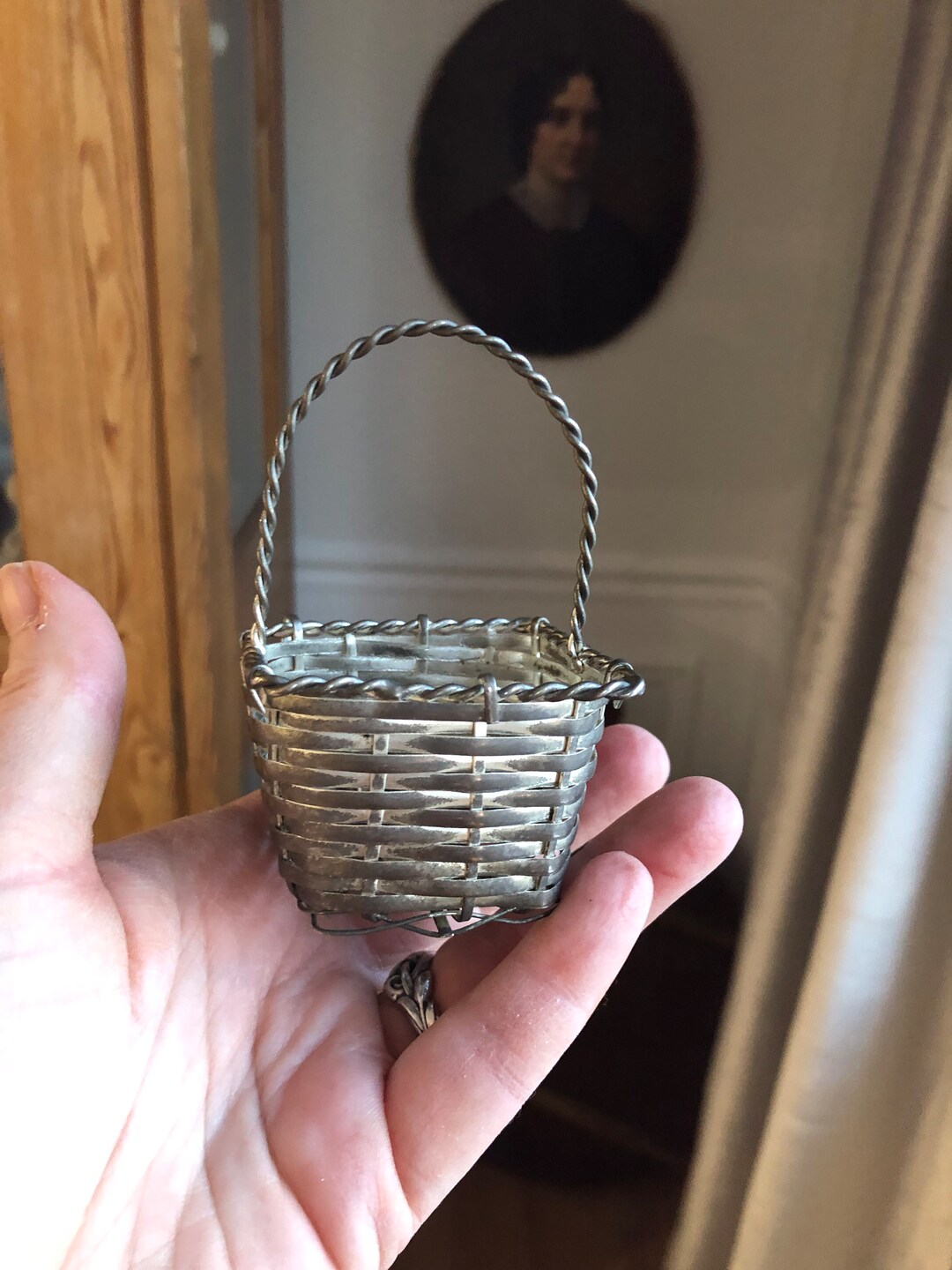Vintage Miniature Wire Silver Metal Basket Feather Tree Holiday Basket ...