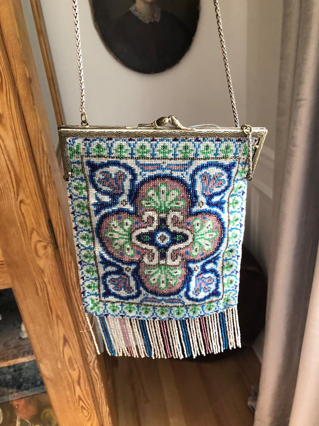 Antique Victorian Beaded Purse Silver Engraved Kiss Lock Frame Blues ...