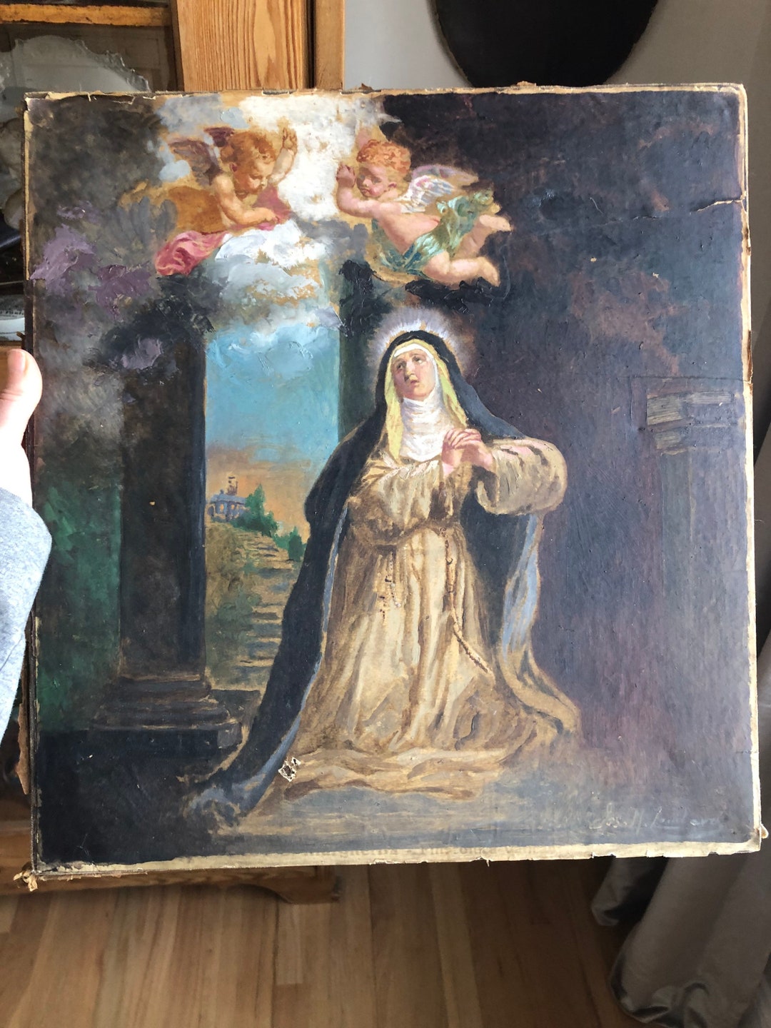 Antique Religious Oil Canvas Nun Saint Putti Old Wood Stretcher as ...