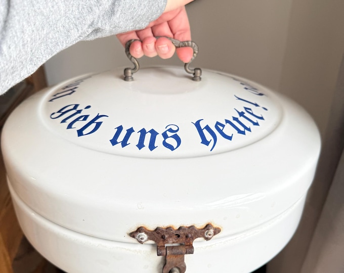 Antique Enamel White Round Heavy German Bread Box Elaborate Hardware ...