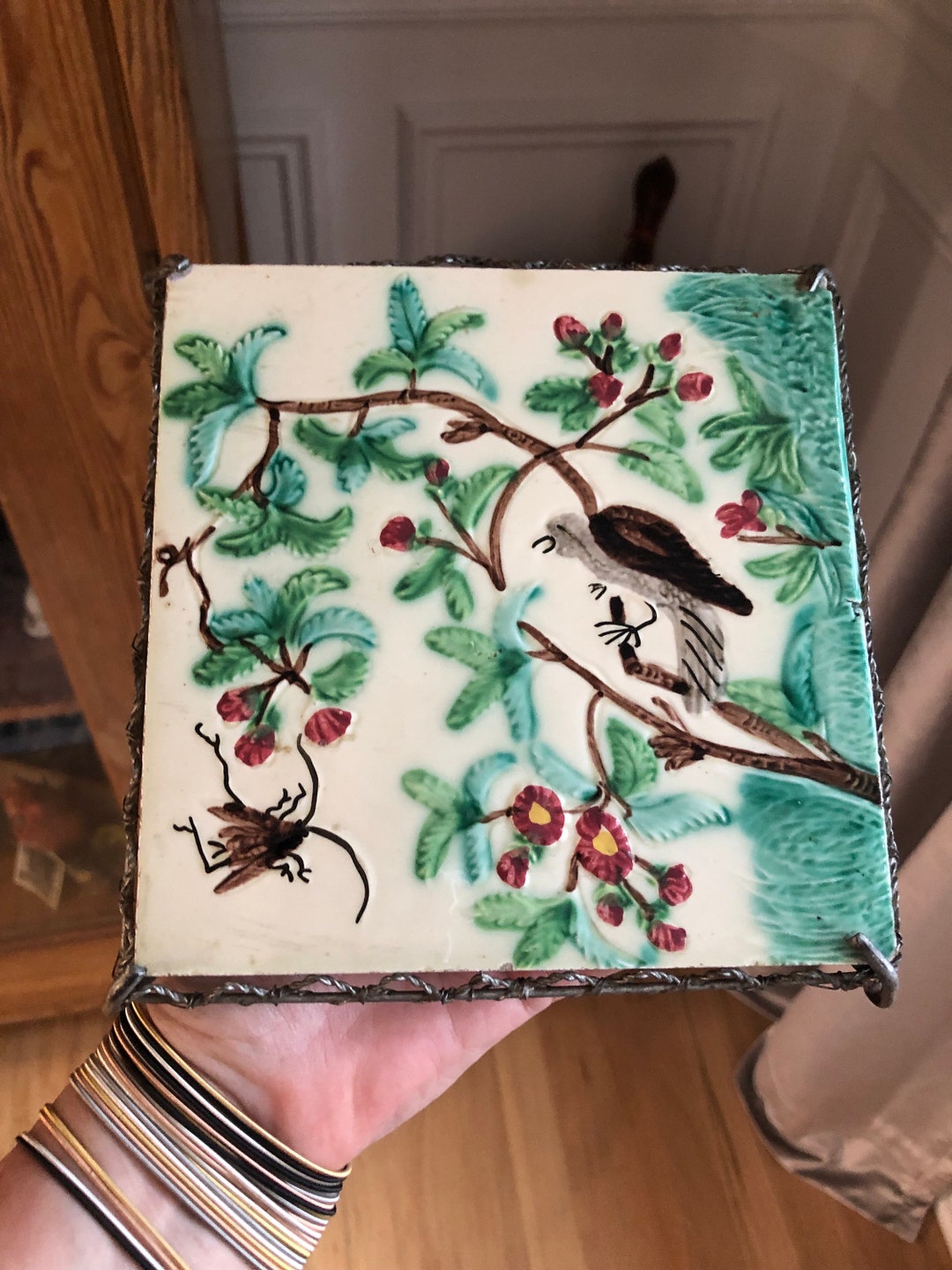 Antique Majolica Pottery Trivet Wire Frame Bird & Bug - Etsy