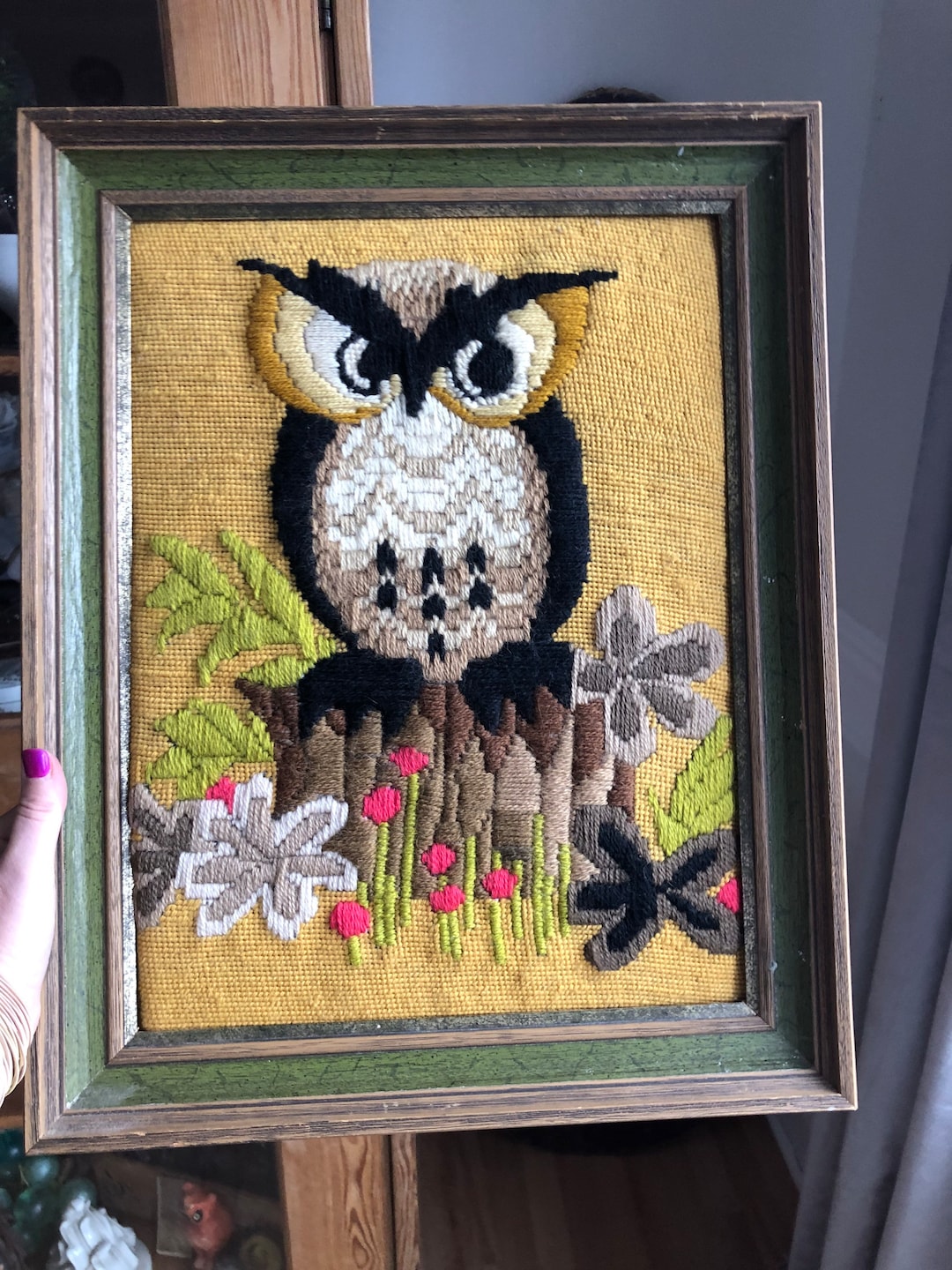 Vintage 70s Hippie Owl Crewel Work Fiber Arts Cheery Owl Framed Cottage ...