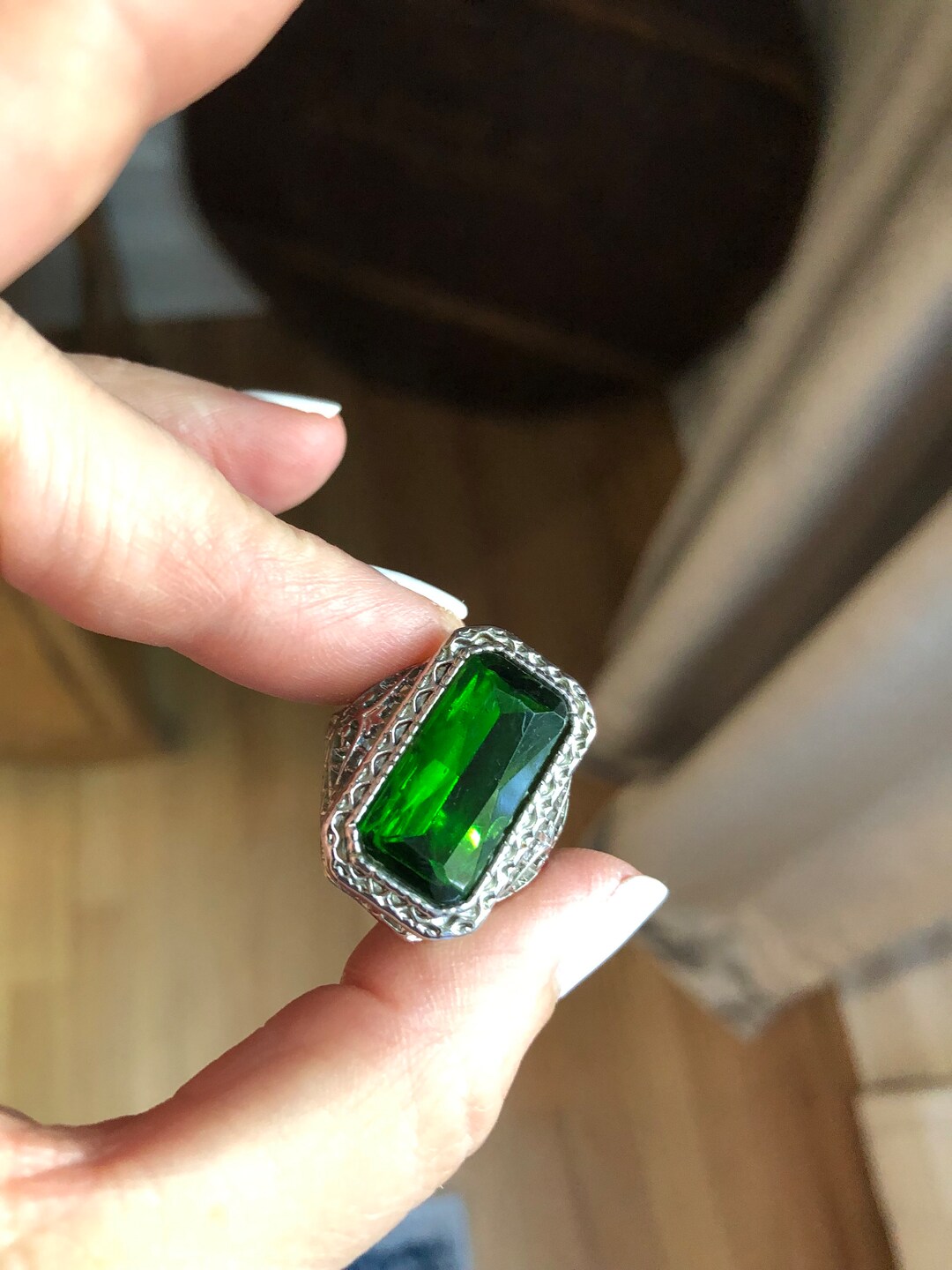 Vintage Silver Tone Filigree Ring Large Green Stone Statement Jewelry - Etsy