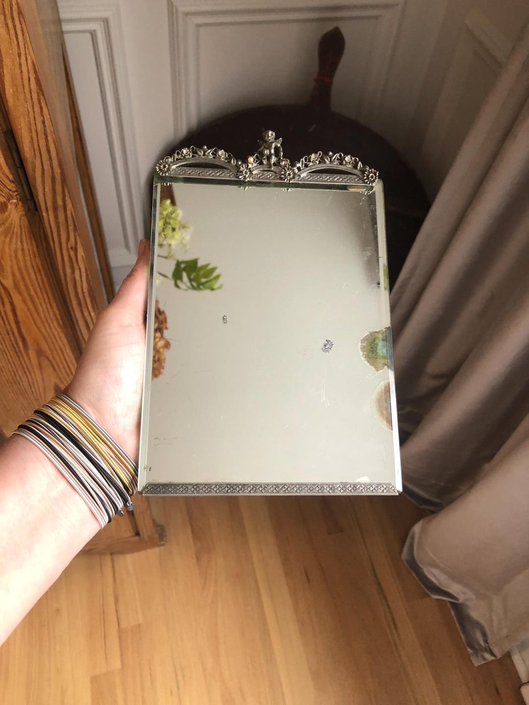 Antique Mirror Standing Mirror Easel Metal Fancy Cherub Putti Angel ...