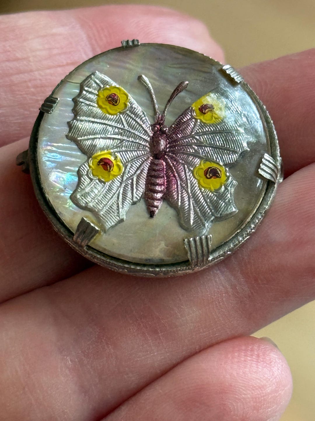 Vintage Brooch Goofus Glass Butterfly Pink & Yellow Silver Tone Bezel ...