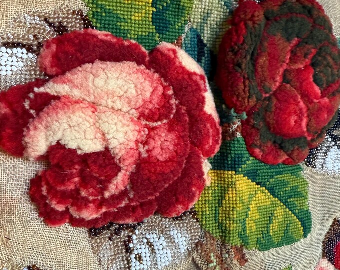 Antique Victorian Needlework Needlepoint Textile Square With Seed Beads ...