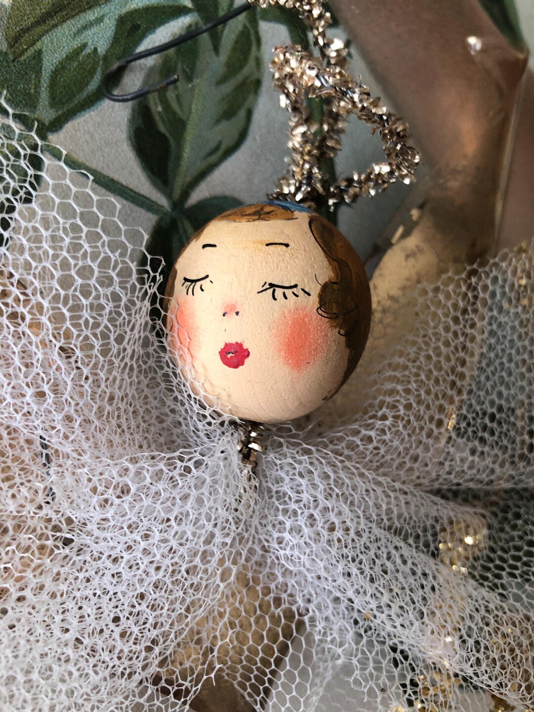 Super Cute Angel Christmas Ornament Hand Painted Darling Face Net Wings ...