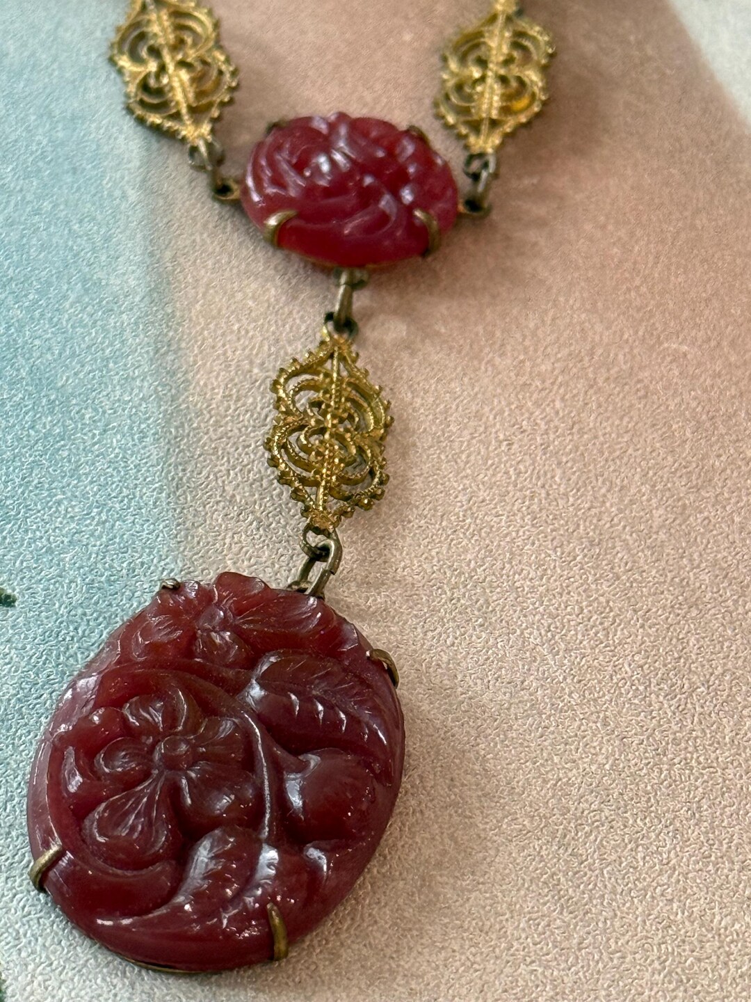 Antique Lavalier Art Deco Necklace Molded Cabachons Fancy Gilt Links ...