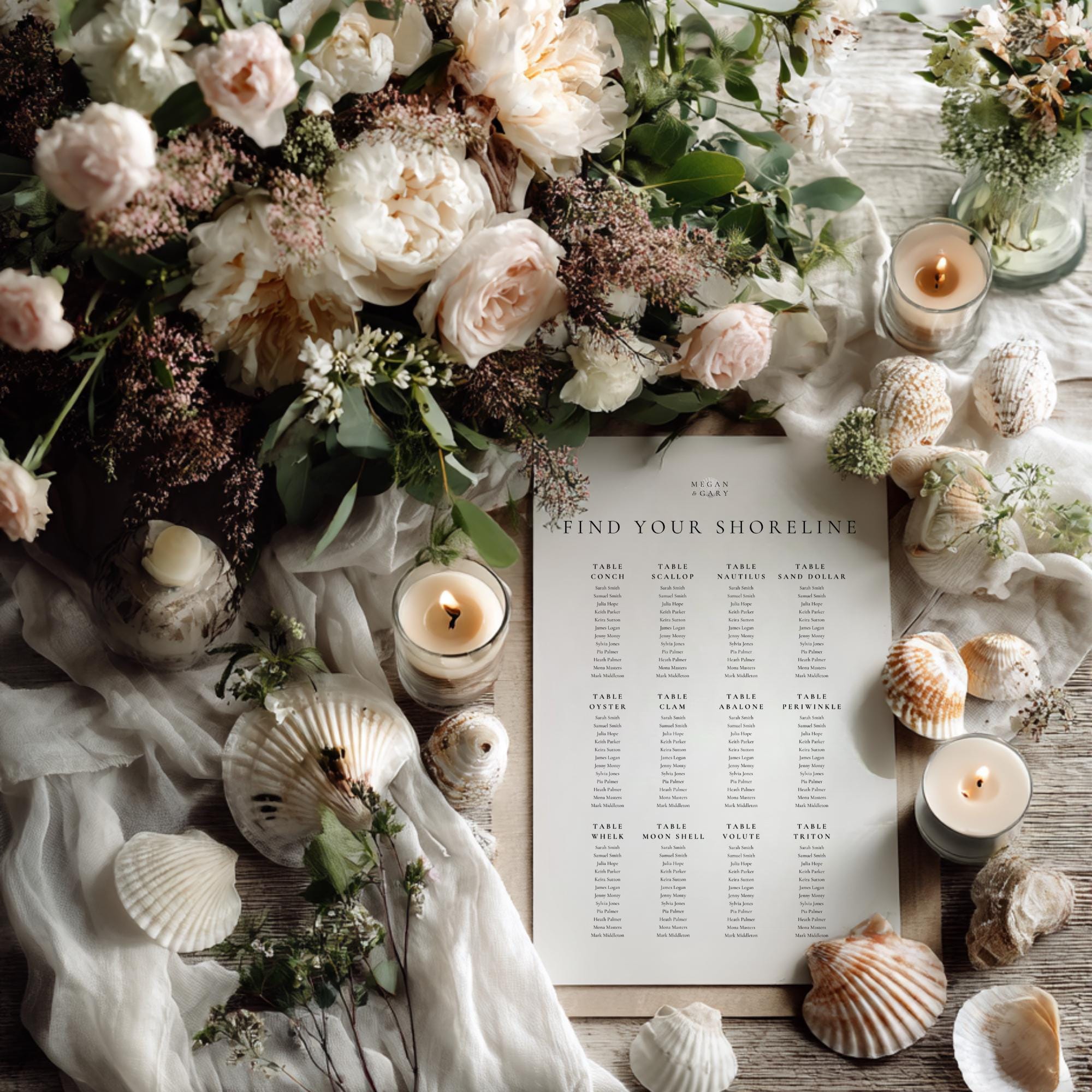 Seashell Wedding Seating Chart: Coastal Beach Table Display (digital ...