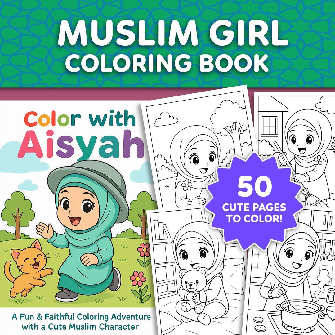 Aisyah Muslim Coloring Book – 50 Printable Hijabi Girl Pages (digital ...