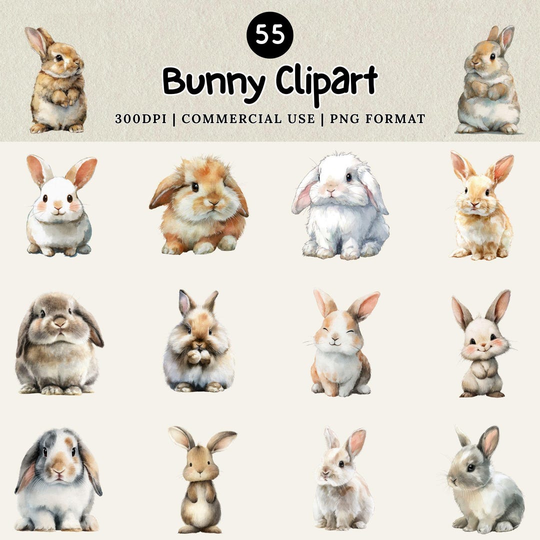 Watercolor Bunny Clipart Bundle, Rabbit PNG Illustrations (digital ...