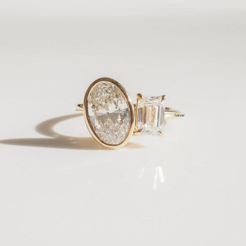 Toi Moi Oval Emerald Cut Engagement Ring Yellow Gold Unique Moissanite ...