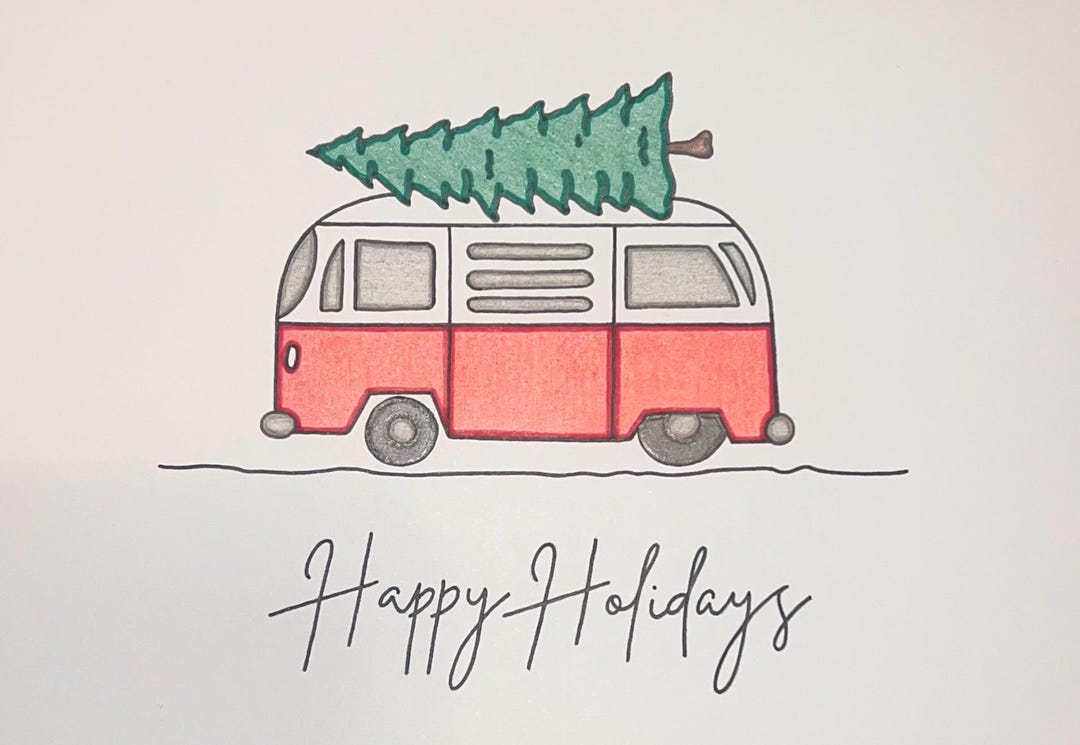 Vintage VW Bus Christmas Card With Tree - Happy Holidays - Etsy