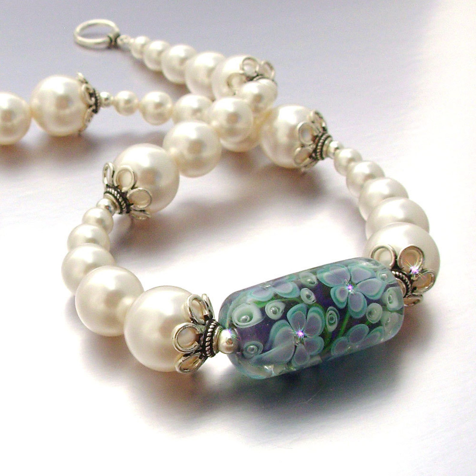15" Fancy Lampwork Focal Bead Necklace With Swarovski Pearls - Etsy