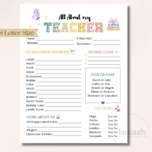All About My Teacher Printable Teacher Favorite Things List Worksheet ...
