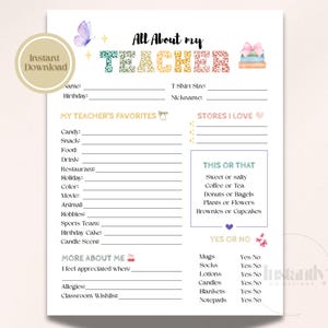 All About My Teacher Printable Teacher Favorite Things List Worksheet ...