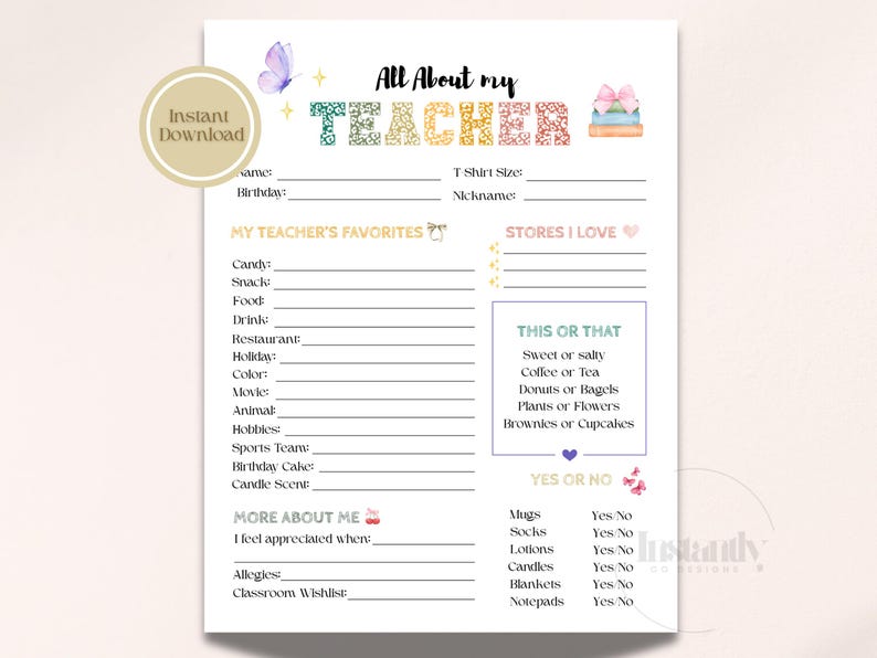 All About My Teacher Printable Teacher Favorite Things List Worksheet ...